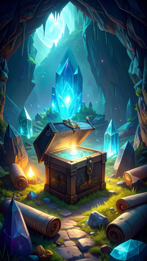 Crystal Treasure Chest in Mossy Cave with Glowing Gems and Scattered ...