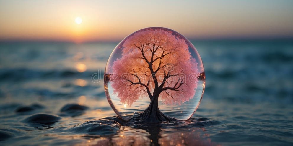 A Crystal Tree Growing in the Middle of a Glowing Ocean. Stock Image ...