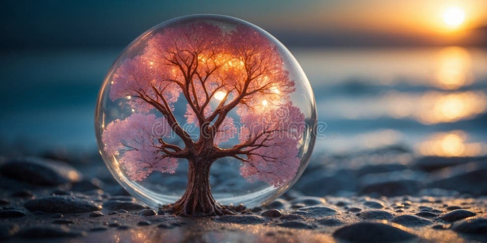 A Crystal Tree Growing in the Middle of a Glowing Ocean. Stock Photo ...