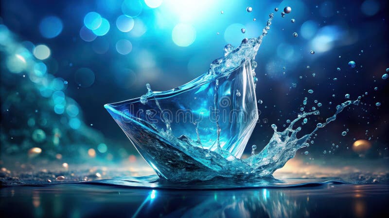 A Crystal Vessel Submerged in a Splash of Blue Water, Illuminated by ...