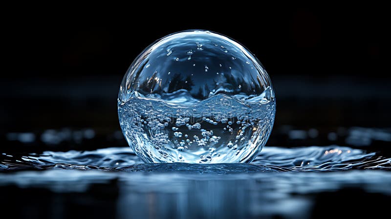 Crystal Water Sphere on Dark Surface, Reflection, Bubbles Stock ...