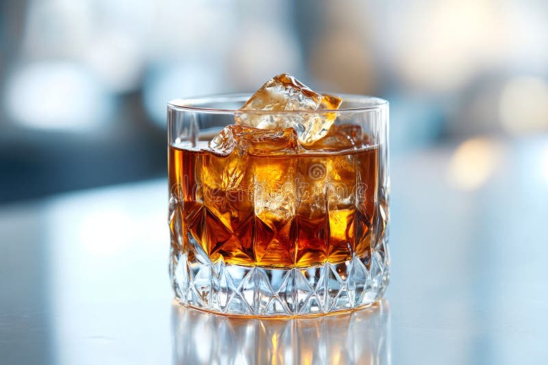 Crystal Whiskey Glass Standing on a Bar with Ice Cubes Melting Stock ...
