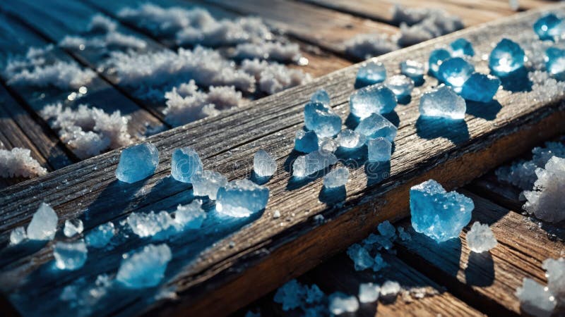 Luminous Blue Salt Crystals on Rustic Wooden Surface Stock Illustration ...