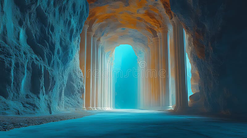 Crystalline Cave Hallway, Columns, Turquoise Light, Fantasy Background ...