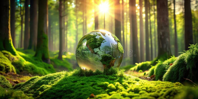 A Crystalline Globe Mirroring a Verdant World Rests Gently on a Bed of ...
