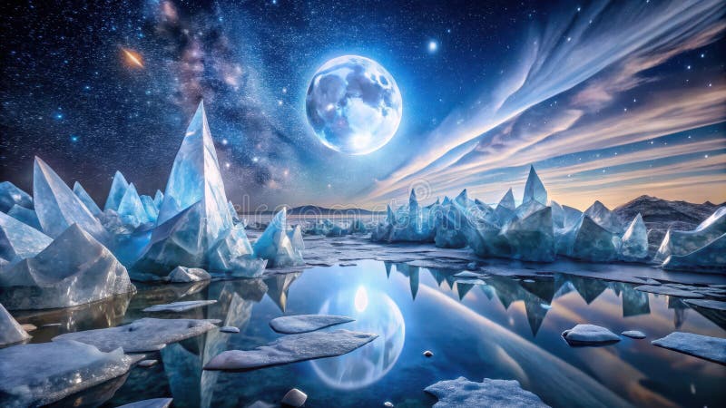 Crystalline Ice Formations Reflecting a Celestial Night Sky with a ...