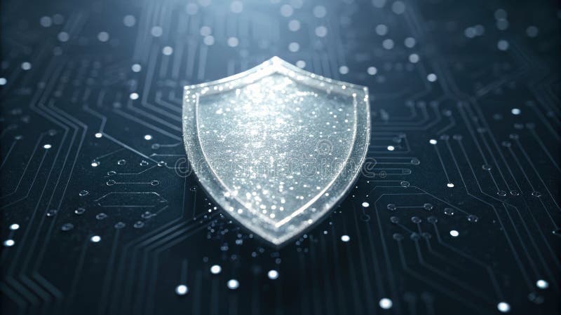 Crystalline Shield on a Circuit Board Illustrating Digital Defense and ...