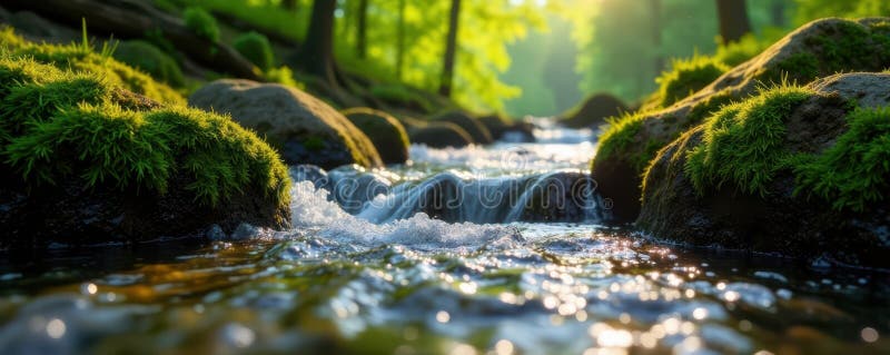 Crystalline Water Bubbles Over Mossy Rocks in a Sun Dappled Forest ...