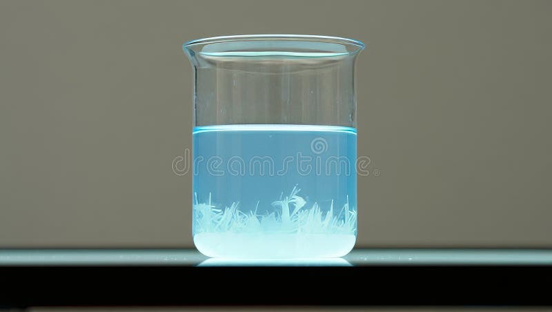 Crystallization Process in Blue Chemical Solution within Glass Beaker ...