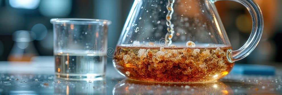 Crystallization Process in Glass Beaker with Brown Liquid and ...