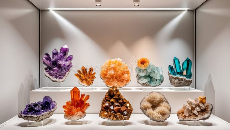 Crystals and Minerals Display in a Museum Case. Stock Image - Image of ...