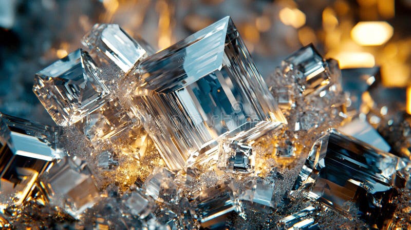 Crystals with Sharp Edges Sparkle Under Warm Light Against a Blurred ...