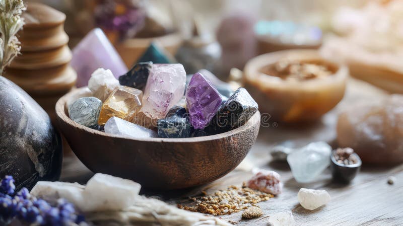 Crystals in a Wooden Bowl on a Table Stock Photo - Image of wellness ...