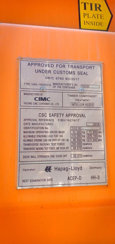 CSC Plate of a Container Ship Stock Image - Image of memorial, label ...