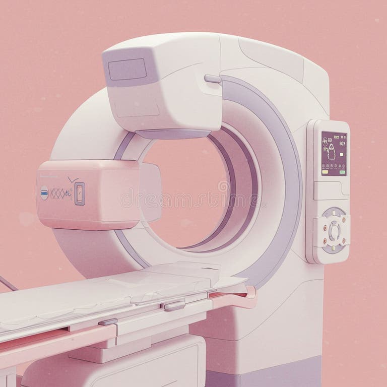 CT Scanner in a Pastel Pink Hue, Featuring a Large Circular Gantry with ...