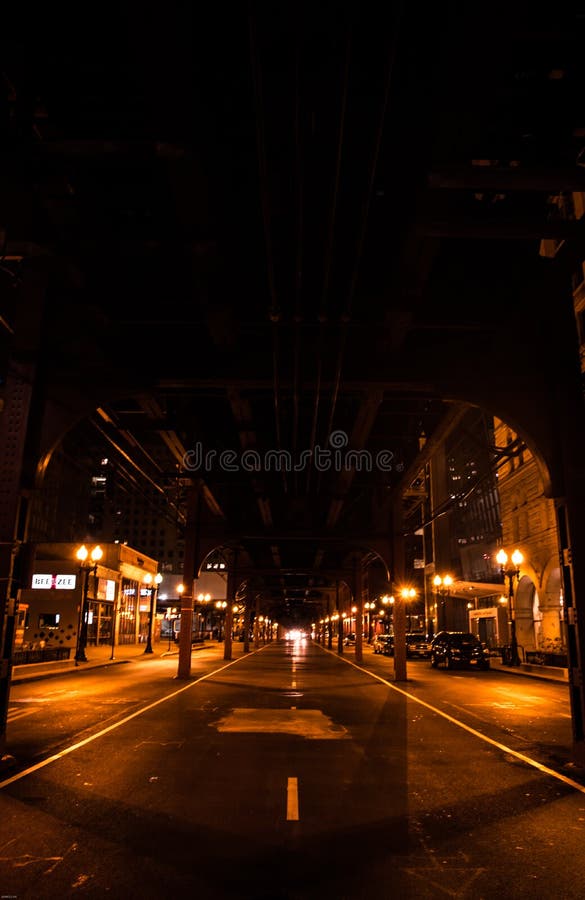 CTA Train in Chicago at Night in Nightlife Style Stock Photo - Image of ...