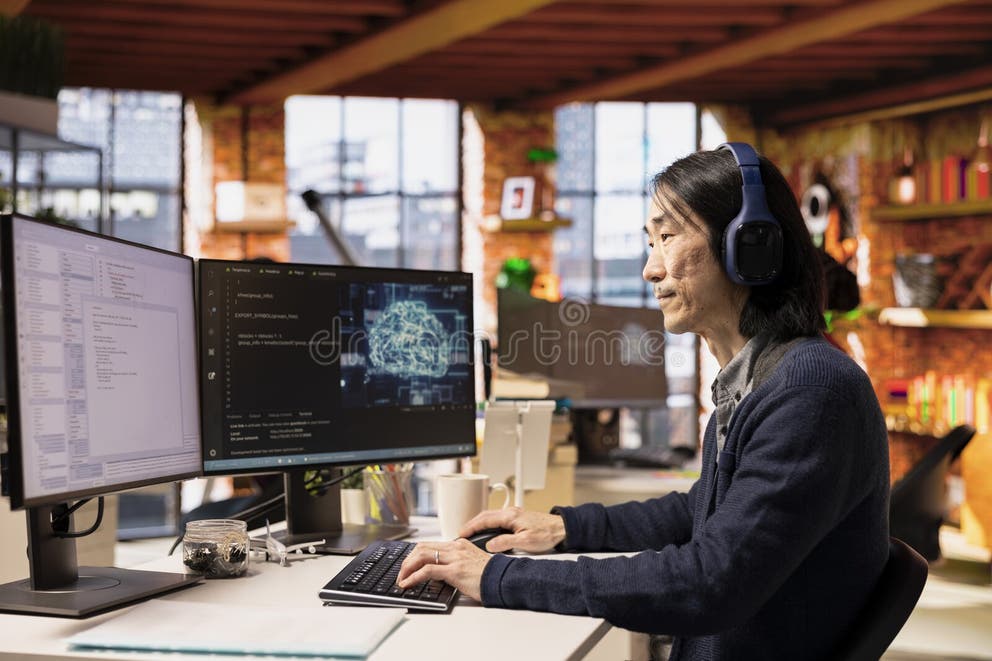 CTO Manager Listening Music and Coding in AI Startup Office Stock Photo - Image of experienced ...