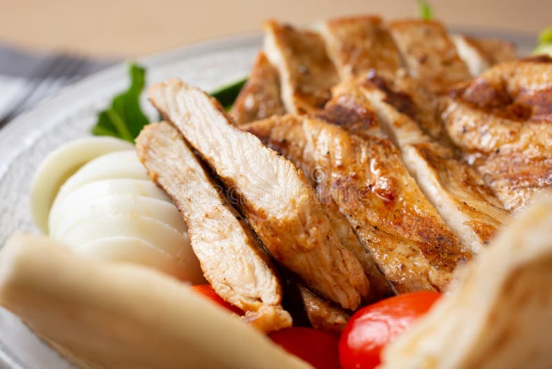 CU chicken slices in salad stock photo. Image of setting - 192751454