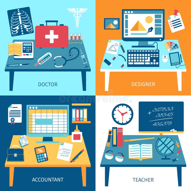 Cuartos Del Espacio De Trabajo Fijados Ilustración del Vector ...