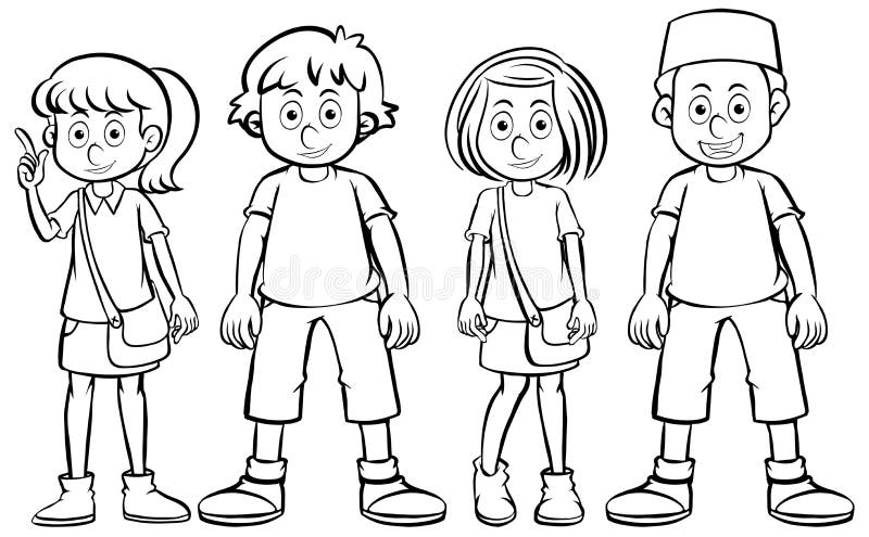 Cuatro Caracteres Del Adolescente En Blanco Y Negro Ilustración del ...