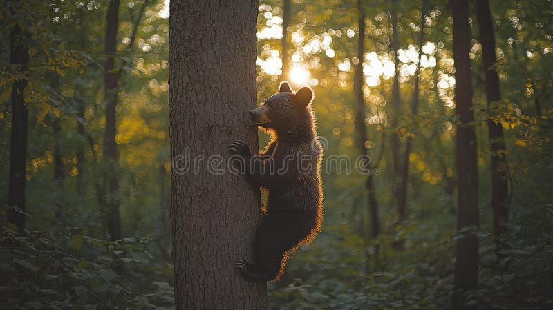 Cub Climbing Tree at Sunset in Forest, Wildlife Stock Photo - Image of ...