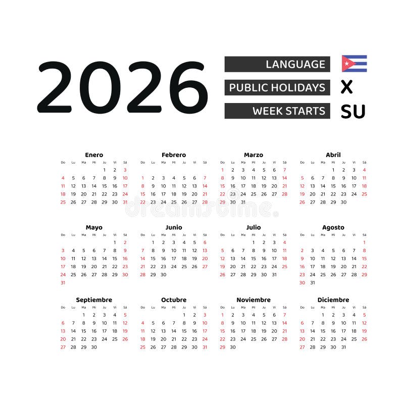 Cuba Calendar 2026. Week Starts from Sunday. Vector Graphic Design ...