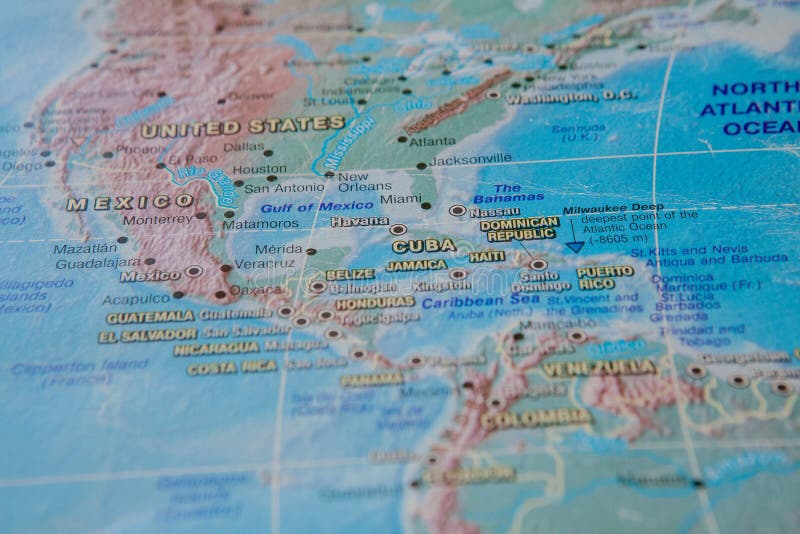 Cuba in Close Up on the Map. Focus on the Name of Country Stock Photo ...
