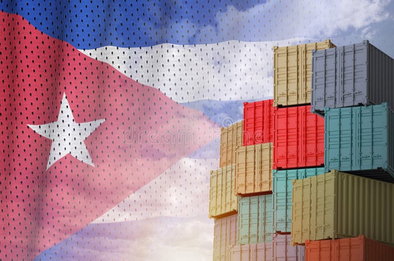 Cuba Flag and Big Stack of Shipping Cargo Containers in Docks with Sky ...