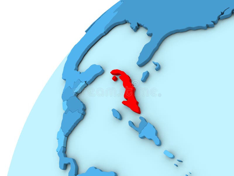 Cuba in red on blue globe stock illustration. Illustration of render ...