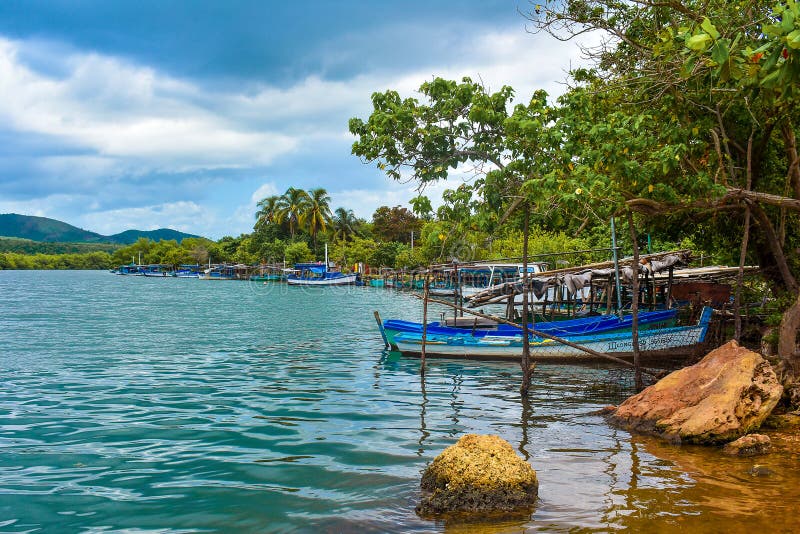Cuban Coastline with Boats. Stock Image - Image of mountains, horizon ...