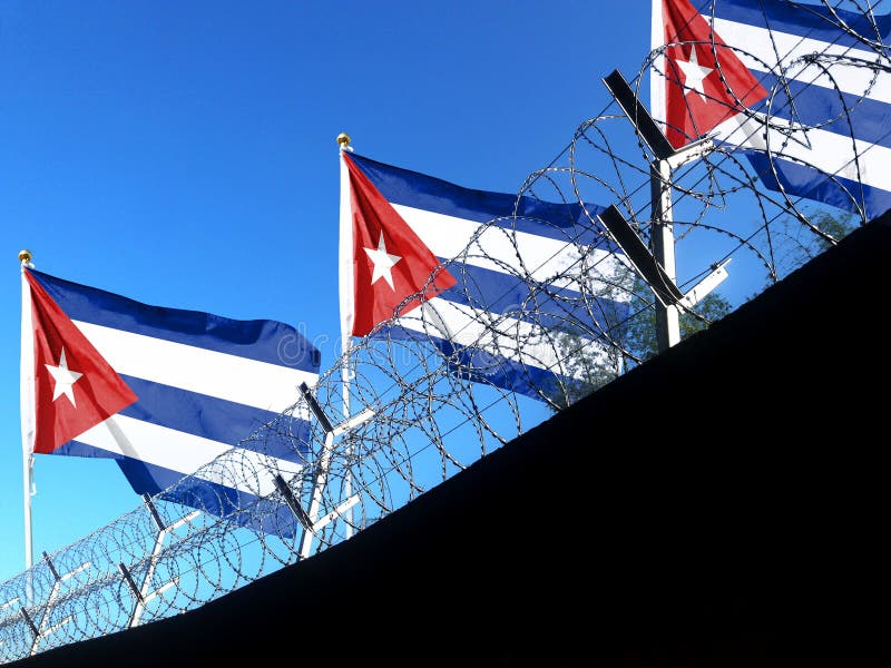 The Cuban Flag Hangs in the Cloudy Sky Outside the Prison S Barbed Wire ...