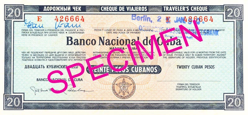 A Single 20 Cuban Peso Traveler Cheque Reverse Stock Photo - Image of ...
