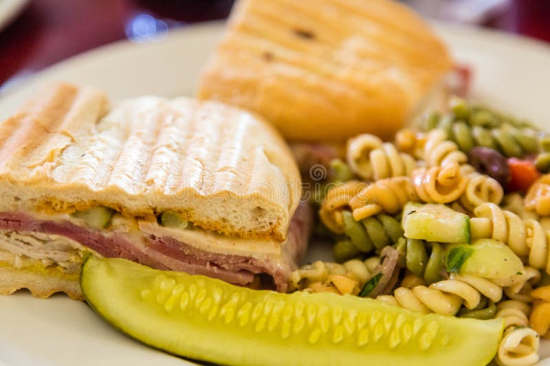 Cuban Sandwich with Pasta Salad and Pickle Stock Photo - Image of pork ...