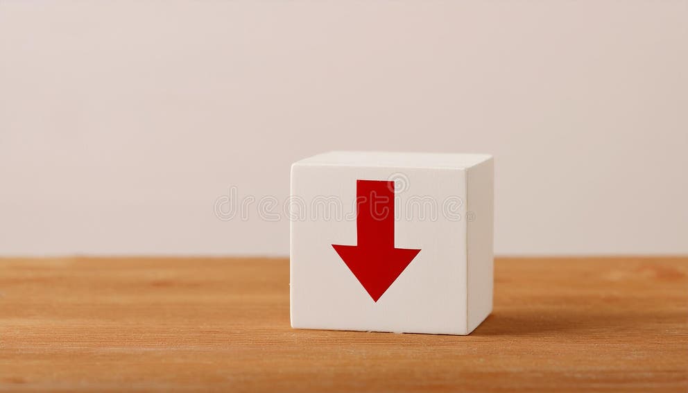 Cube with Arrow Pointing Down on Wooden Surface Stock Illustration ...