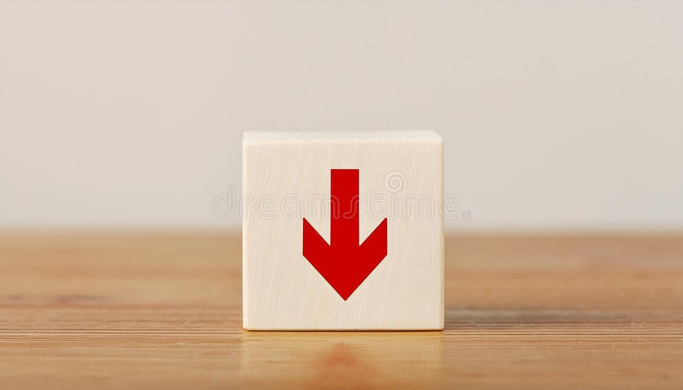 Cube with Arrow Pointing Down on Wooden Surface Stock Illustration ...