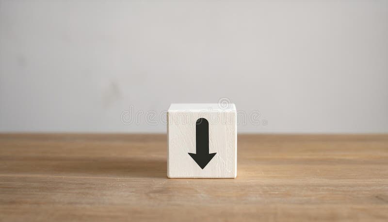 Cube with Arrow Pointing Down on Wooden Surface Stock Illustration ...
