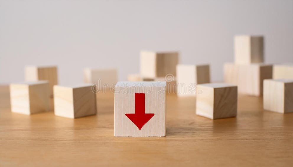 Cube with Arrow Pointing Down on Wooden Surface Stock Illustration ...