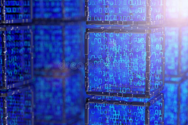 Cube with Binary Code.Blockchain Network, Data Stream. Abstract Tech Background. Abstract Space ...