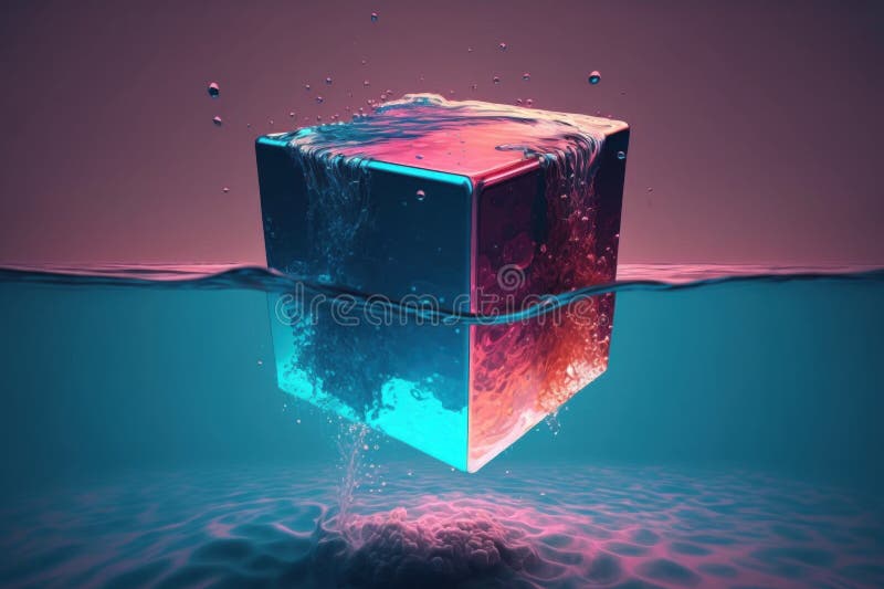 A Cube with a Blue and Pink Background Under the Water. Vapor Wave ...