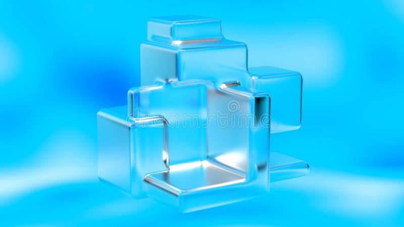 3D Rendering. Glass Cube Boxes with Light Blue Blank Wall Background ...