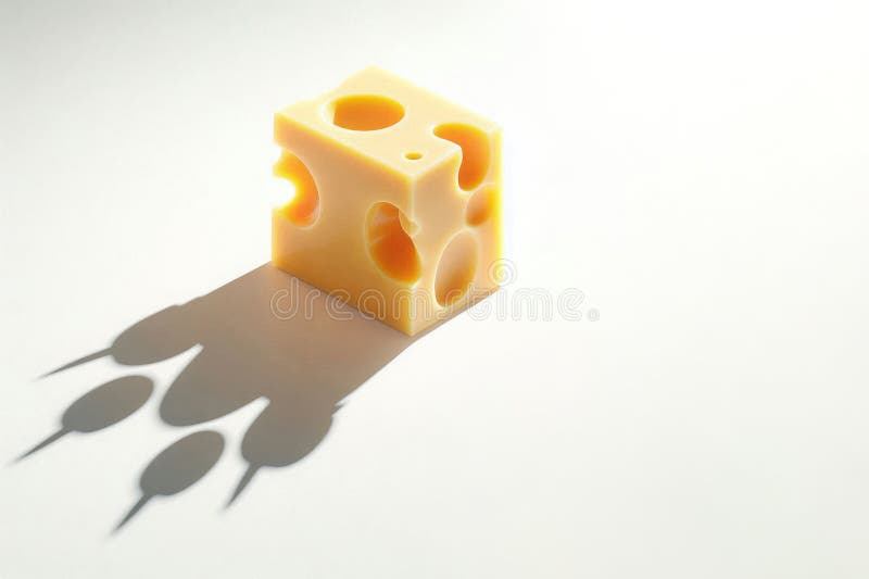 A Cube of Cheese with a Shadow in the Shape of a Paw Print. Space for ...