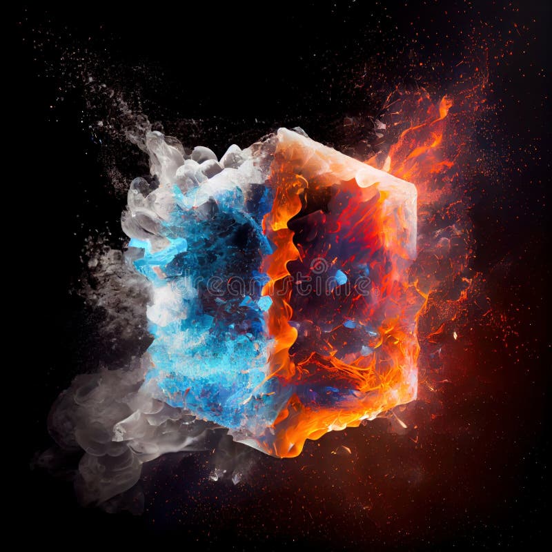 A Cube in the Clash of Ice and Fire on Black Background. Stock ...