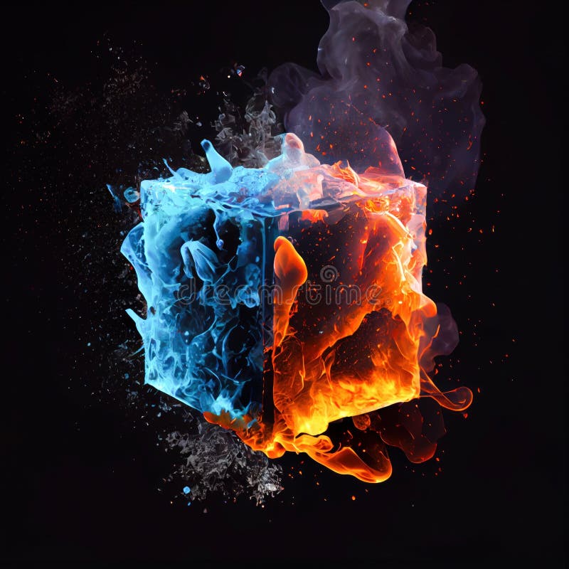 A Cube in the Clash of Ice and Fire on Black Background. Stock ...