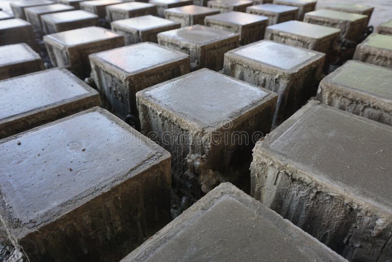 Cube Concrete Casting by Steel Mould and Worker Finishing Top Surface ...