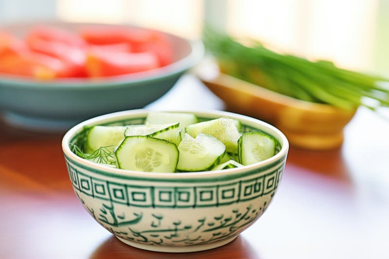 Cube-cut Cucumbers and Dill in Ceramic Bowl Stock Photo - Image of ...
