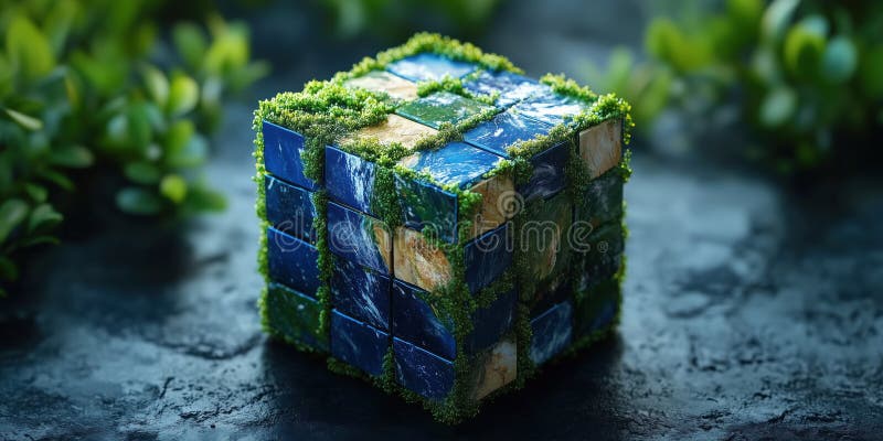 Cube with Earth Surface and Greenery on Dark Background Stock ...
