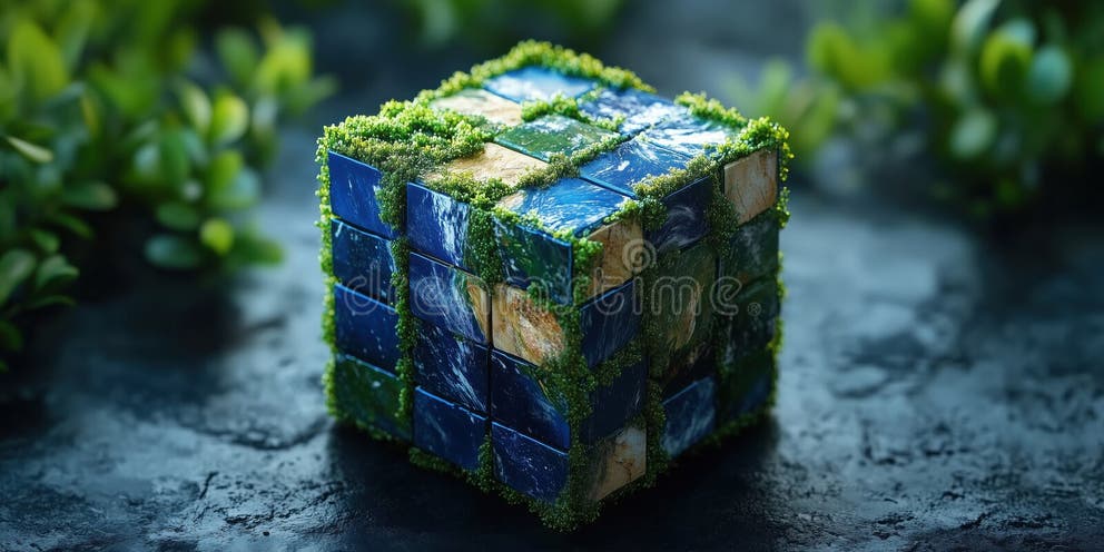 Cube with Earth Surface and Greenery on Dark Background Stock ...