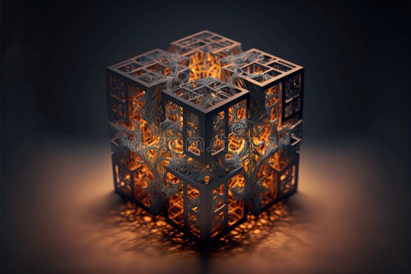 A Cube with a Fire Inside of it on a Table Top with a Black Background ...