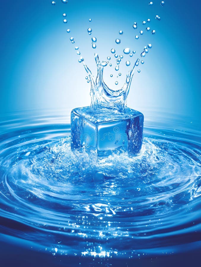 A Cube of Frozen Water Splashing into a Pool of Water with Droplets in ...