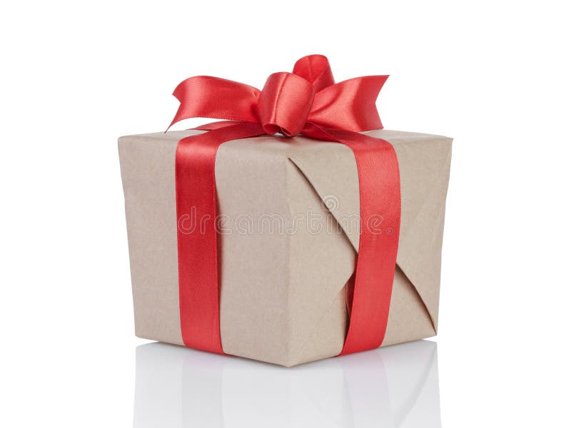 Cube Gift Box Wrapped with Kraft Paper and Red Bow Stock Image - Image ...